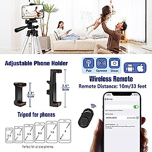 Phone Tripod, Lusweimi 44-inch iPhone Tripod with Phone Holder Mount/Wireless Remote for Cell Phone/Camera/Webcam/GoPro, Tabletop Lightweight Tripod for iOS/Android/Smartphone