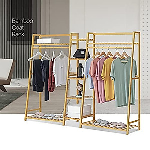 MoNiBloom Bamboo Coat Rack with 5-Tier Storage Shelves Trapezoid Freestanding Garment Rack Clothes Hanging Rack Stand for Bedroom Living Room, Natural