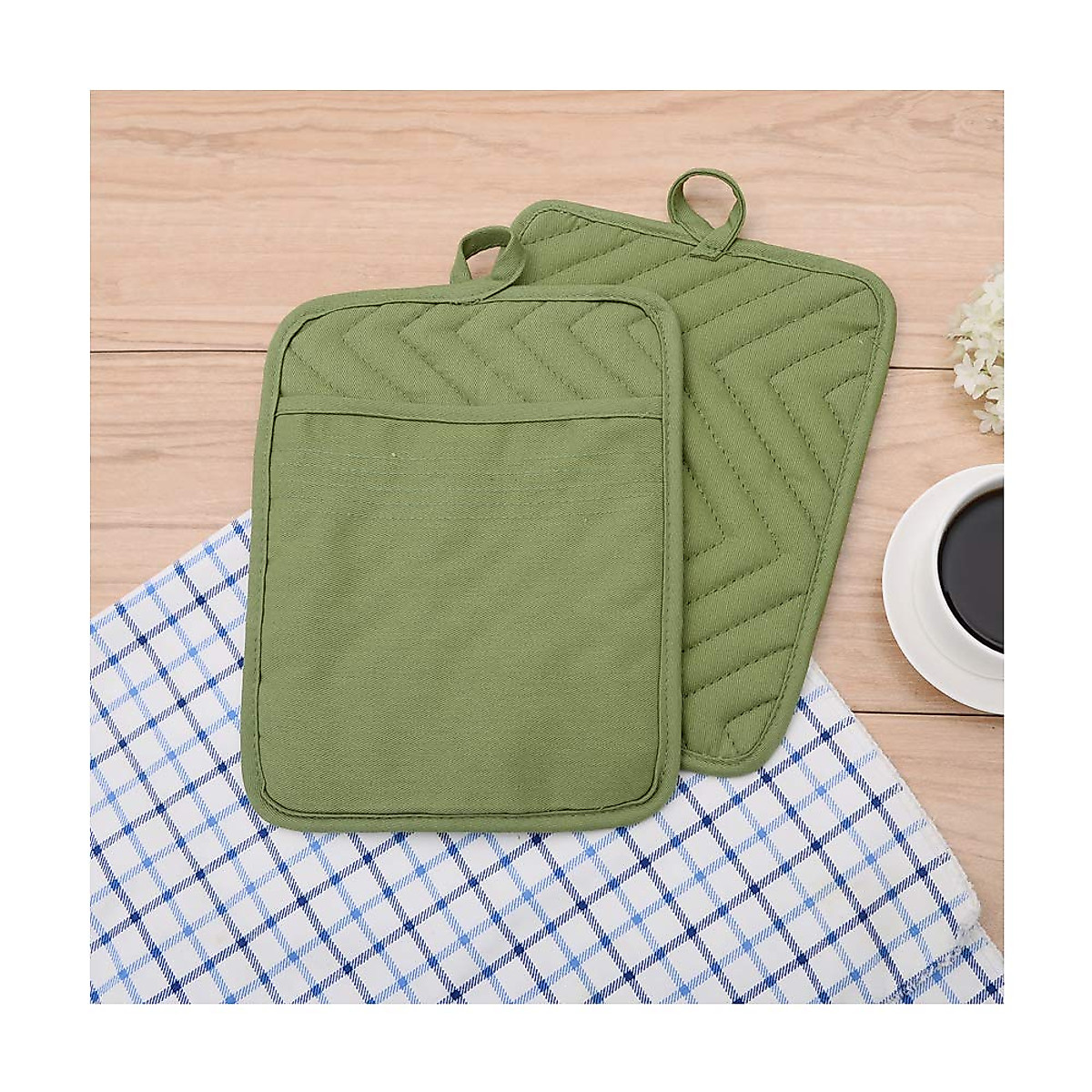 Anyi Pot Holders for Kitchen Heat Resistant, Cotton Hot Pads for Kitchen Counter Table, Green Kitchen Pot Holders with Pocket