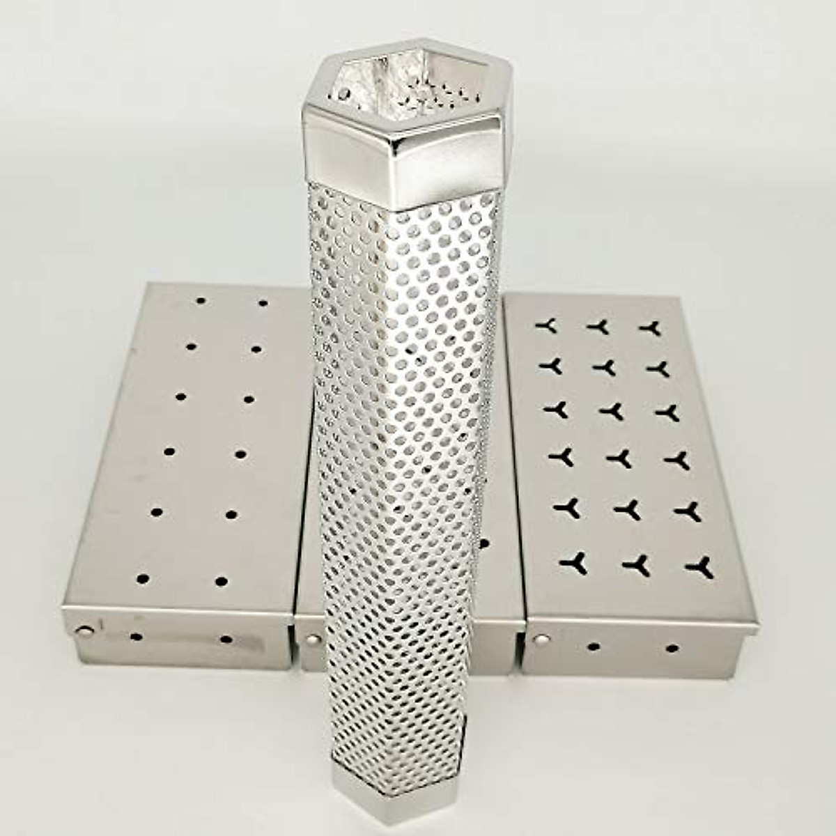 Pellet Grill Smoker Box for BBQ Heavy Duty Sturdy Stainless Steel for Charcoal & Gas Grilling Accessories Wood Chips Meat/Salmon in Barbecue (Round Hole)