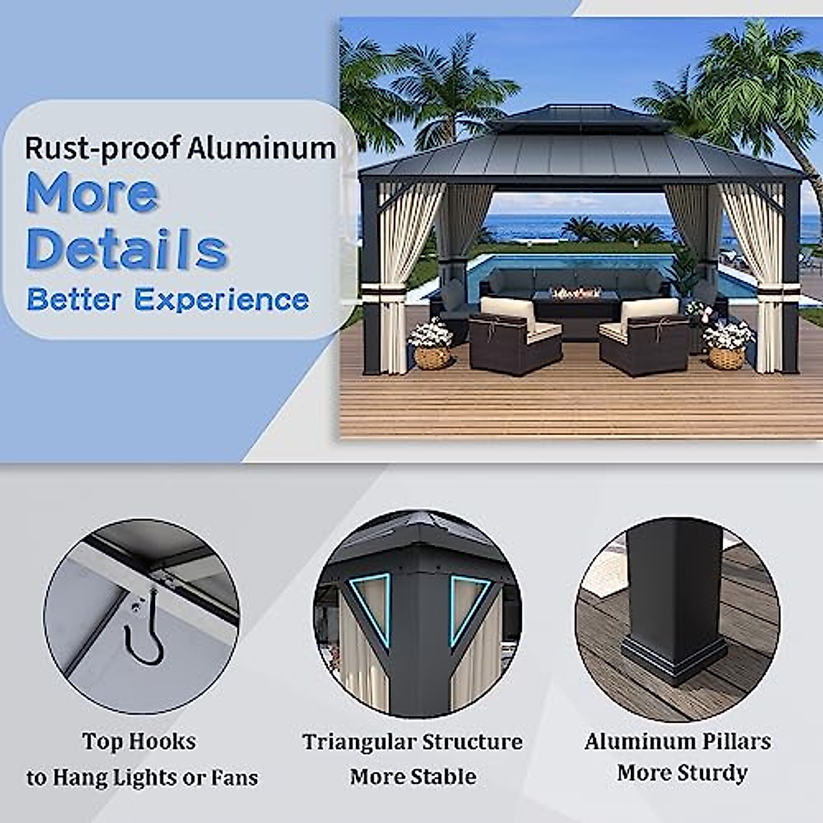 ALAULM 12' x 14' Hardtop Gazebo, Outdoor Patio Aluminum Gazebo with Aluminum Double Roof, Permanent Pavilion w/Curtains and Netting for Backyard, Patio, Deck, Garden-Cream