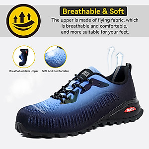 SKOKOD Steel Toe Shoes for Men Slip On Resistant Puncture Proof Safety Shoes Lightweight Breathable Tennis Warehouse Work Shoes（Black Blue 7.5）
