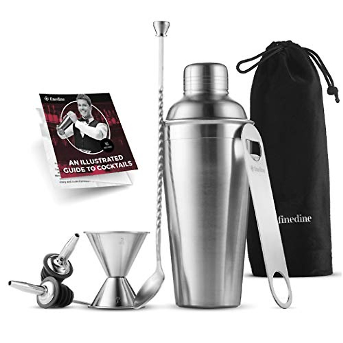 7-Piece Cocktail Shaker Set - Bar Tools - Stainless Steel Cocktail Shaker Set Bartender Kit, with All Bar Accessories, Cocktail Strainer, Double Jigger, Bar Spoon, Bottle Opener, Pour Spouts