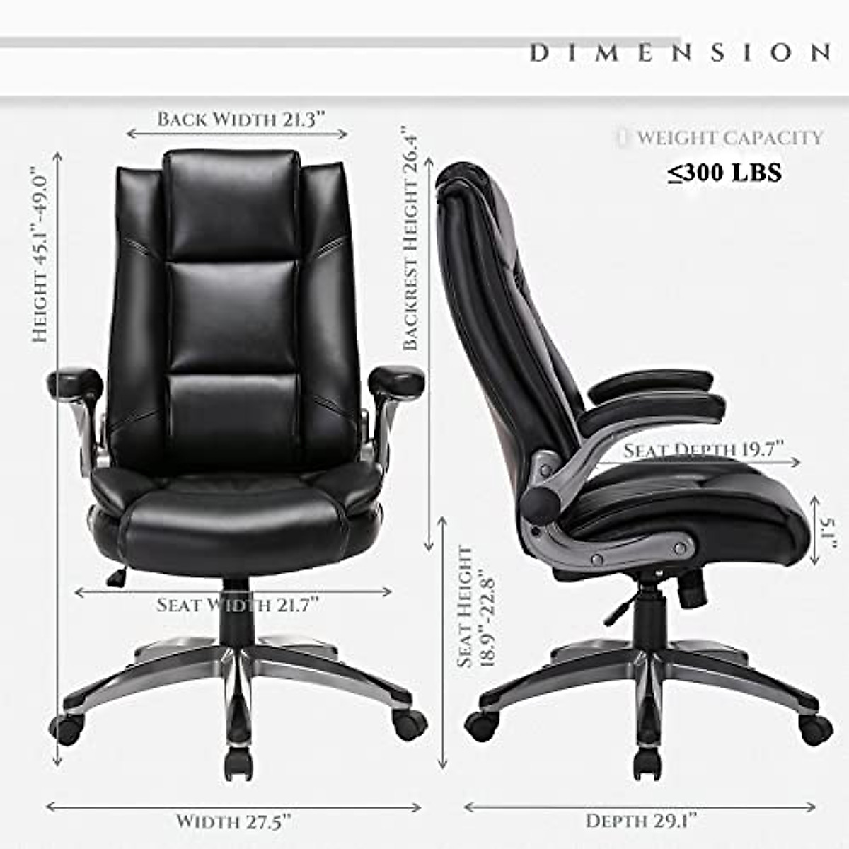 High Back Executive Office Chair-Ergonomic Bonded Leather Computer Chair with Flip-up Arms, Adjustable Tilt Tension, Padded Armrests, Swivel Rolling Home Desk Chair-Black,300lbs