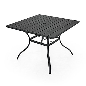 Nixtopia 37" Plastic Top Square Patio Dining Table for 4 Person with Metal Steel Leg and Umbrella Hole for Backyard Bistro Outdoor Furniture - Three-Dimensional Wood-Like Grain