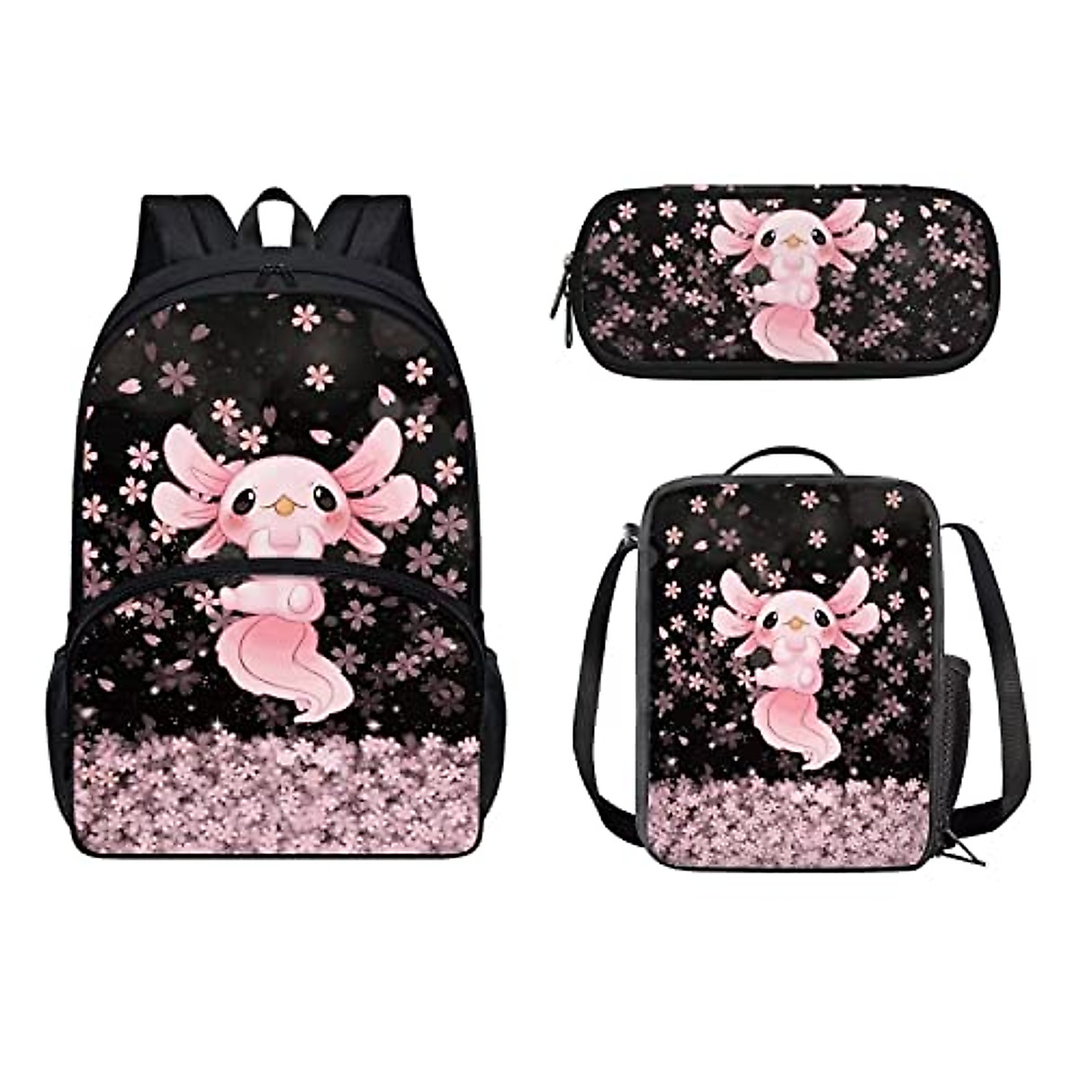 Glomenade Pink Axolotl Sakura School Backpacks Back to School Cherry Blossom Shoulder Bookbags Lightweight Casual Travel Daypack Picnic Bag Portable Schoolbags Pencil Pen Case