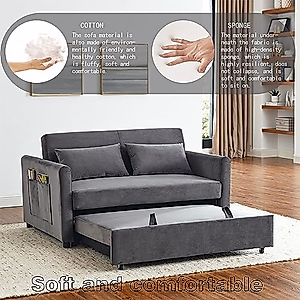 FANYE Foldable Futon Sofa Loveseat Convertible Sleeper Couch Bed for Small Space Apartment Office Living Room Furniture Sets with 2, Tufted Back & Seat Sofabed, Gray Velvet Bring Side Pockets, Pillows