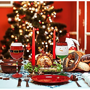 Gift Boutique Christmas Wine Glasses 16.8 Oz Set of 2 Festive Santa Belt and Snowman Drinking Goblets Cups with Stem Xmas Wineglass Gift Red Green and White Colored Painted Winter Glassware