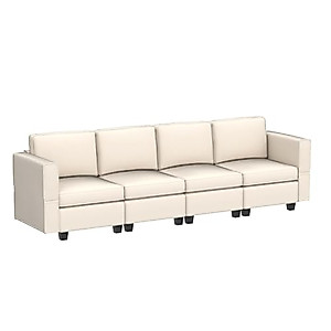ZAFLY Sectional Sofa, 4 Seat Convertible Modular Beige Couch with Adjustable Backrest and Armrests I Shaped Sleeper Comfy Couch for Living Room
