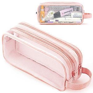 Large Grid Mesh Pencil Case 2 Compartments, Clear Pen Pencil Pouch with Zipper, Multifunction Transparent Stationery Bag for Student College Office Teen Boys Girls Makeup Bag for Adults Travel (Pink)