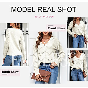 EVALESS Fall Sweaters for Women 2024 Knit Top Long Sleeve White Sweaters Blouses for Women Dressy Casual Sexy Summer Sweaters for Women Lightweight Outfits Clothes Sexy V Neck Crochet Tops, Medium