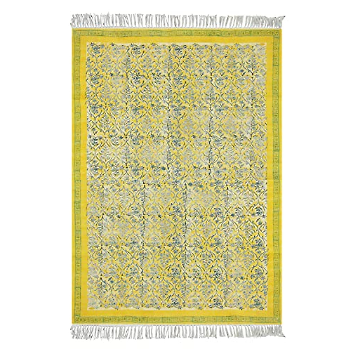 Casavani Indian Handmade Cotton Dhurrie Bordered Yellow & Green Area Rug Boho Kilim Flat Weave Rug Indoor Hall Room Decor Carpet Throw Rugs for Bedroom Living Room Bathroom Balcony 4x7 Feet