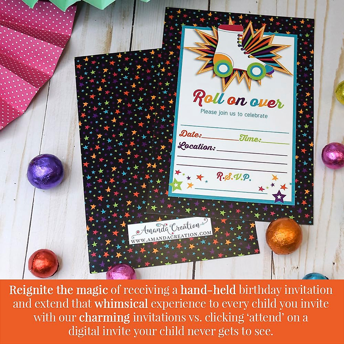 Roller Skating Birthday Party Invitations, 20 5x7 Fill In Cards with Twenty White Envelopes by AmandaCreation