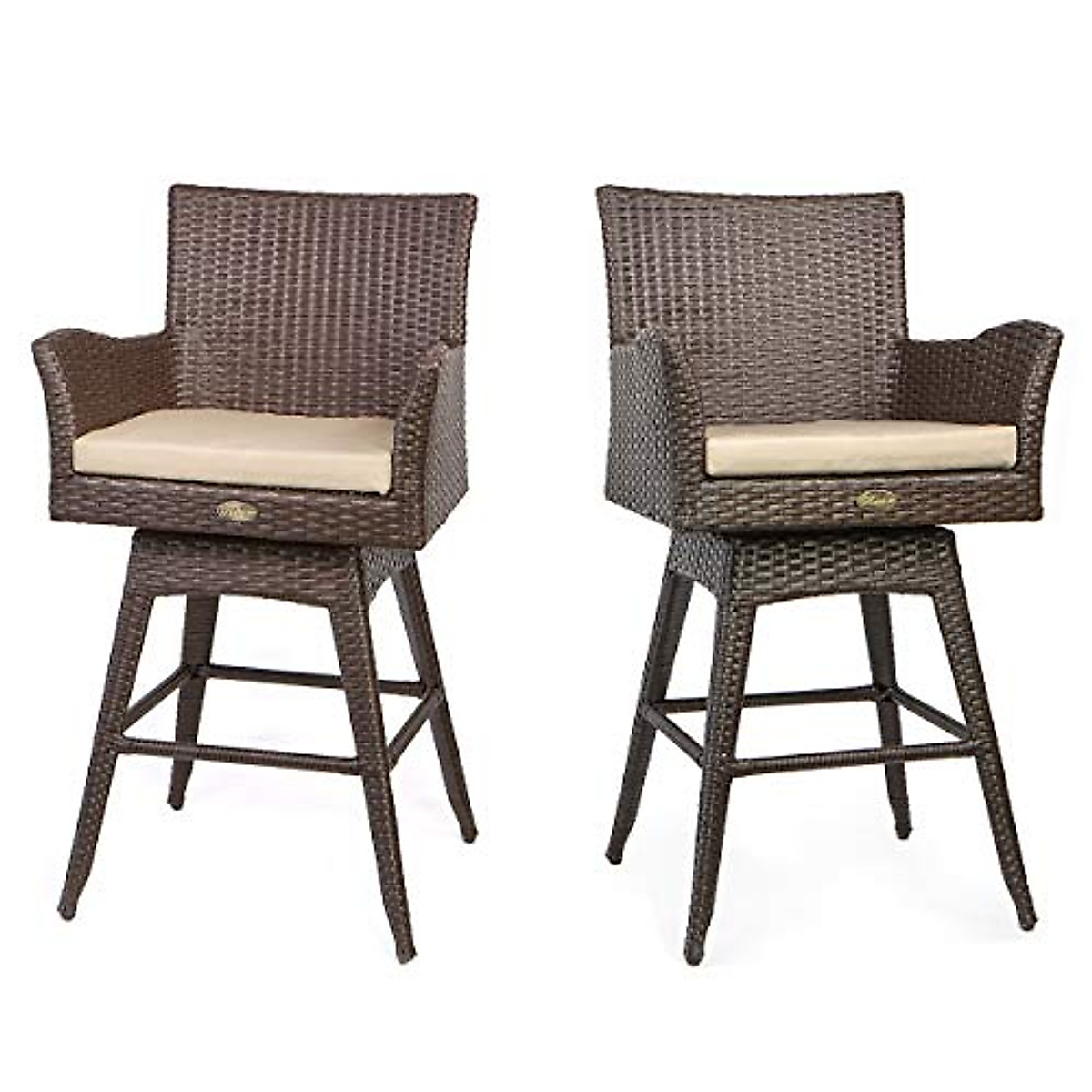 Barton 2 Pieces Swivel Bar Stool w/Foot Rest Weather Resistant Fabric Cushion Outdoor Patio Furniture Wicker Rattan