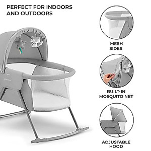 Kinderkraft LOVI Travel Bassinet for Baby in Grey, Portable Folding Baby Bed with Built-in Mosquito net, Adjustable Hood and an Additional Cradle Function