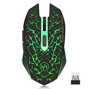 TENMOS K6 Wireless Gaming Mouse, Rechargeable Silent LED Optical Computer Mice with USB Receiver, 3 Adjustable DPI level and 6 Buttons, Auto Sleeping Compatible Laptop/PC/Notebook (green light)