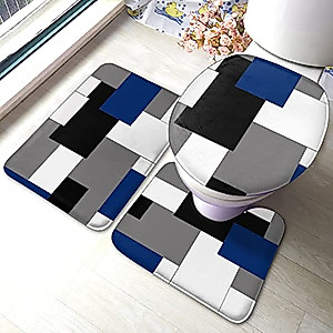 4 Pcs Geometric Blue Shower Curtain Sets with Non-Slip Rugs,Toilet Lid Cover and Bath Mat, Black and Gray Bathroom Decor Set Accessories with Polyester Fabric Durable Shower Curtains