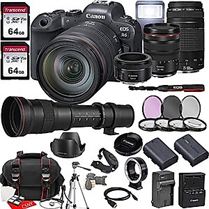 Canon EOS R6 Mirrorless Camera w/RF 24-105mm f/4 L is USM + 75-300mm F/4-5.6 III + EF 50mm f/1.8 STM + 420-800mm f/8.3 HD Lenses + 2X 64GB Memory + Hood + Case + Filters + Tripod + More (35pc Bundle)