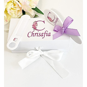Personalized Baby Gift Girls - Baby Brush and Comb Set, Suitable for Ages 0-3 Years, New Baby Gift - Floral Initial Purple, Baby Gift