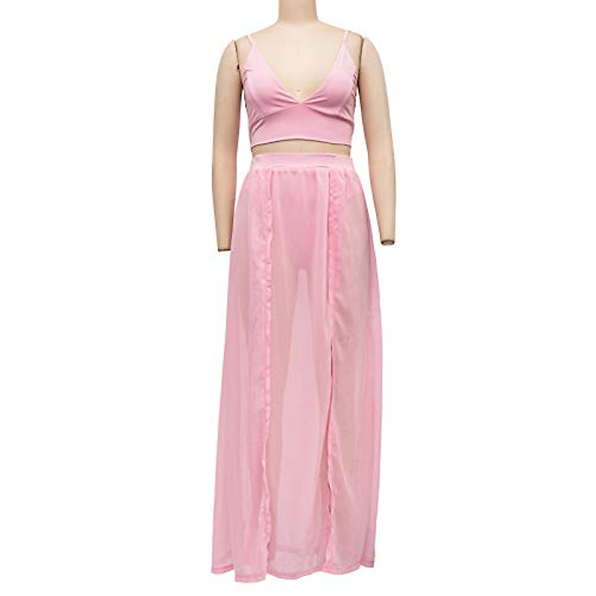 Rela Bota Women's Sexy Summer 2 Piece Maxi Chiffon Dress Crop Top Skirt Set Beachwear Pink 3X-Large