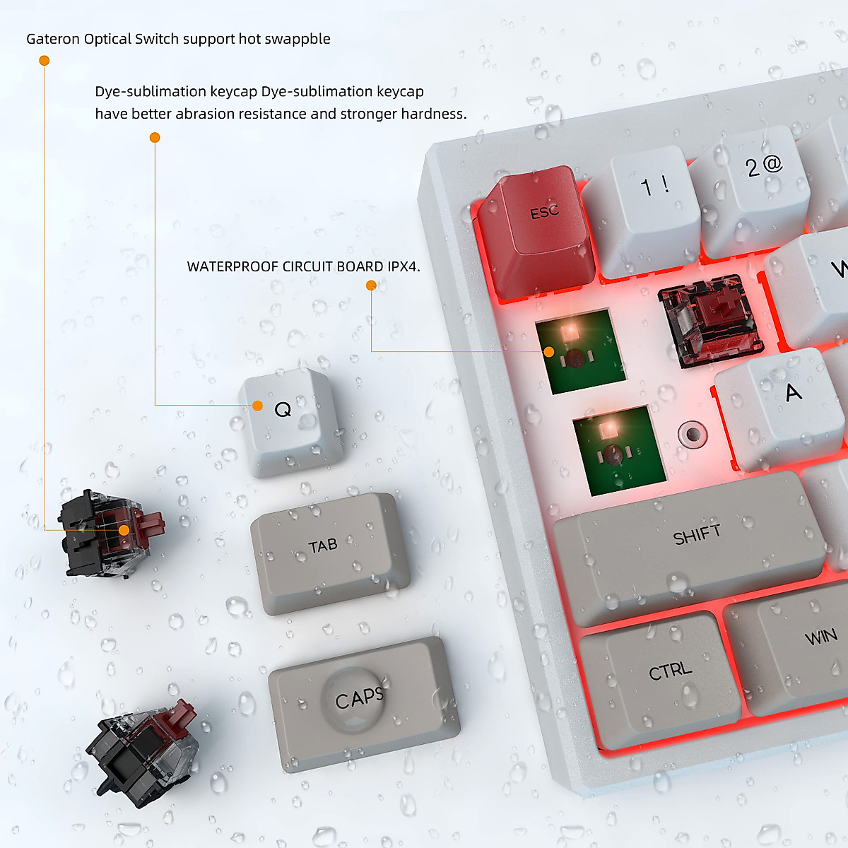 Ractous RTK61BP 60% Wireless Mechanical Gaming Keyboard,RGB Blacklit PBT Sublimation Keycaps 61keys Bluetooth5.1/Wried Gaming Keyboard for PC/Mac Gamers,Hot-Swap Gateron Optical Black Switch-White