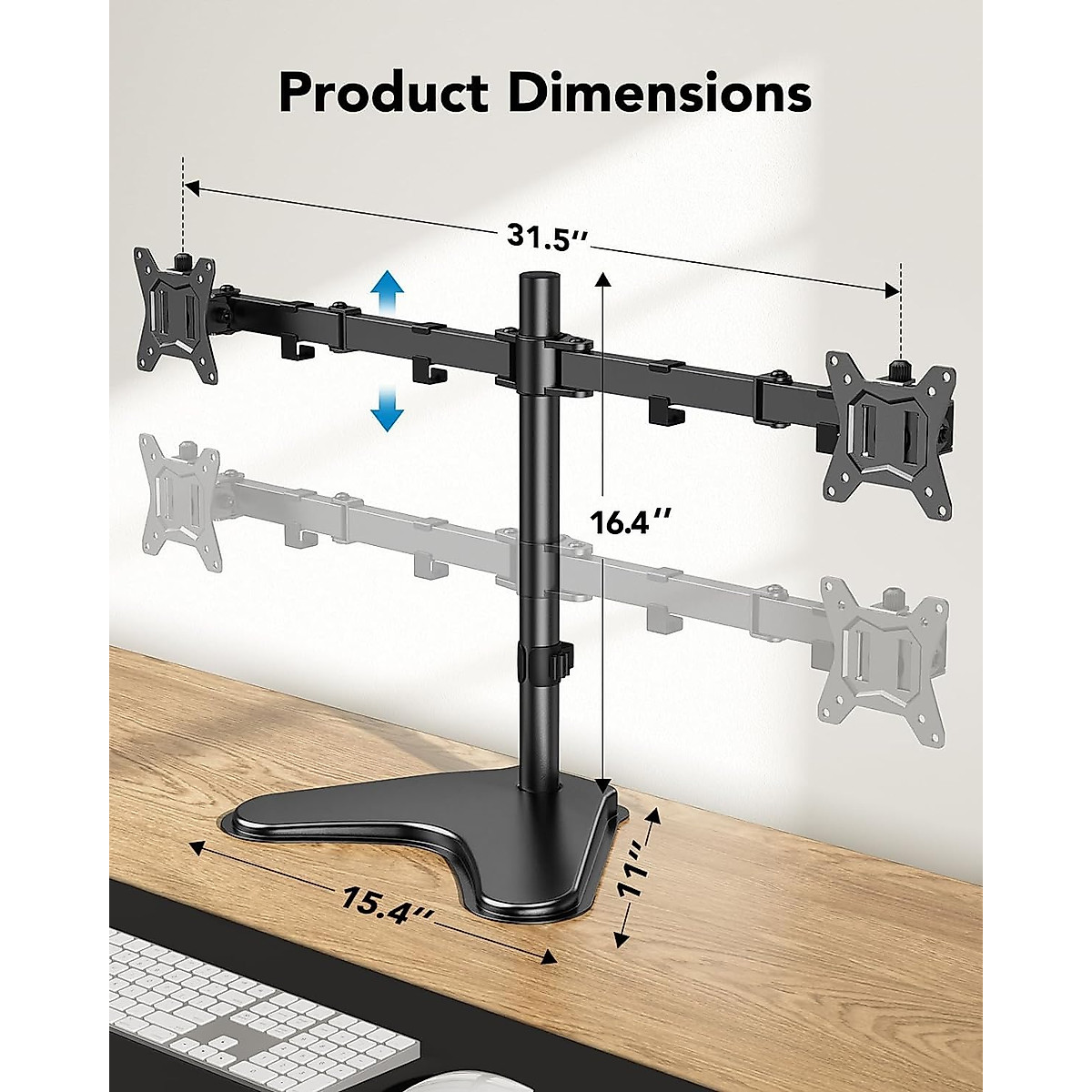 HUANUO 32 inches Dual Monitor Stand up to 17.6lbs per Arm, High-Grade Aluminum Free-Standing Dual Monitor Mount for 2 Screens. Fully Adjustable Dual Monitor Stand for Desk with Tilt, Swivel, Rotation