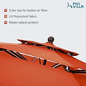PHI VILLA 10ft Patio Umbrella Outdoor 3 Tier Vented Market Table Umbrella with 1.5" Aluminum Pole and 8 Sturdy Ribs, (Orange Red)
