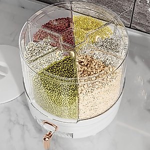 Dpofirs Grain Dispenser, Rice Food Dispenser 360 Degree Rotating, 6 Grids Rice Dispenser Container Grains Rice Bucket Rice Storage Tank with Transparent Design for Home Kitchen (White)