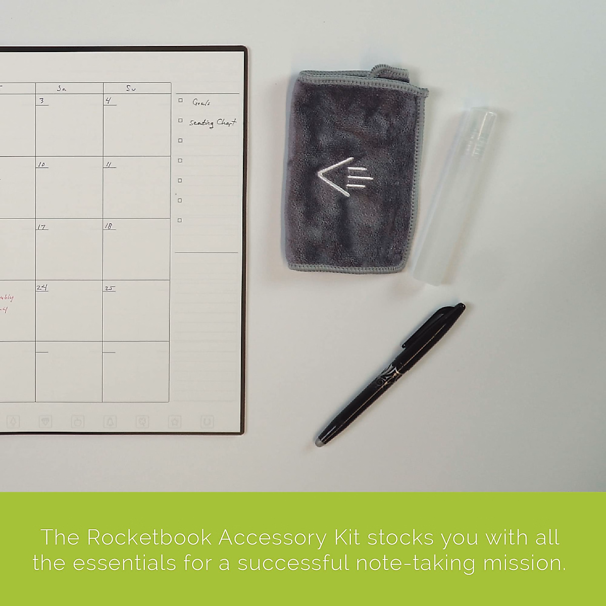 Rocketbook Smart Notebook Accessory Kit - 2 Black Capped FriXion Pens, 1 Spray Bottle, 1 Microfiber Cloth, and 1 Pen Station Scannable Notebook Accessories - Write, Scan, Erase, Reuse