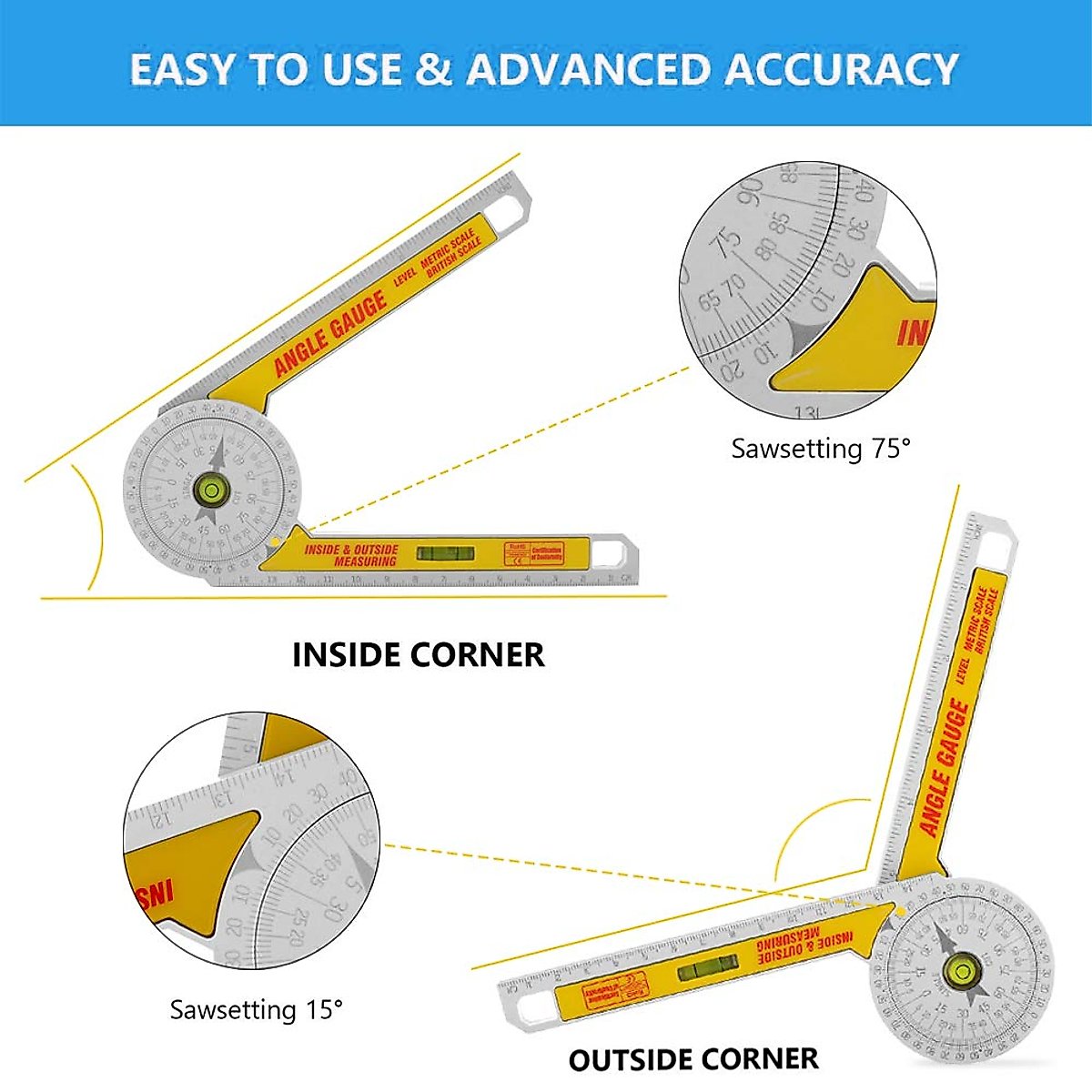 Miter Saw Protractor Angle Ruler, 360 Degree Measure Tool,Angle Finder Gauge with High Accuracy Bubble Level for Carpenters and All Building Trades