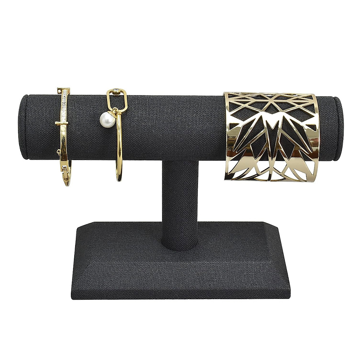 MOOCA Linen-Covered Wood Jewelry Display for Bracelets, Bangles, and Watches - Ideal for Home Organization, Stores, Tradeshows, and Showcases - 7 3/4 W x 2 3/4 D x 5 H in, Black Linen