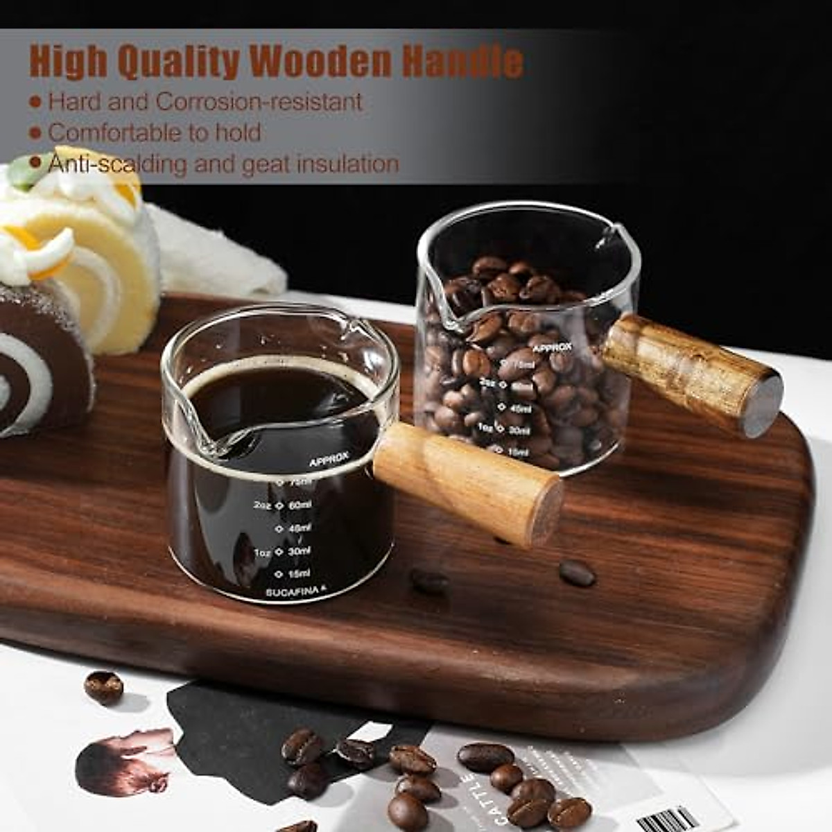 2 Pack Espresso Cups with Wood Handle, Double Spout Glass Measuring Cup with Dual Scale, Espresso Shot Glass with V-Shaped Mouth, Clear Glass Espresso Accessories, Milk Frothing Pitcher 3.52 OZ