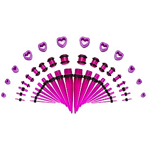 JDXN 64PCS Acrylic Gauge Kit Tapers + Heart Tunnels + Plug With O Ring + Spiral Tapers 14G-00G Stretching Set (Purple)