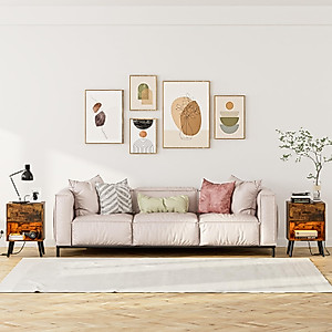 Aobafuir Nightstand with Charging Station and LED Lights, Small Side Table, Bedside Table with Drawer, Modern Night Stand, End Table for Bedroom, Living Room, Light Rustic Brown