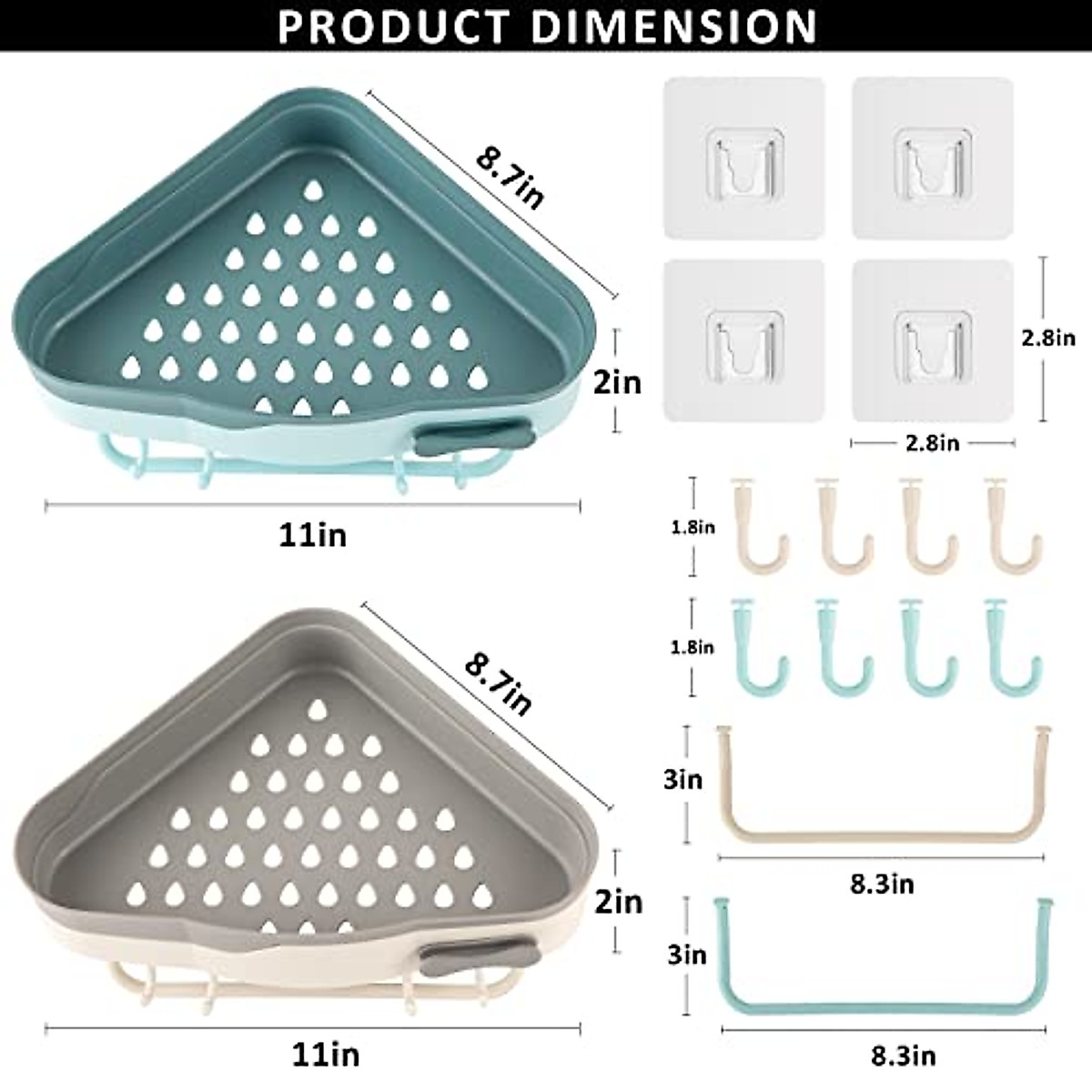 HLWDFLZ Corner Shower Caddy, 2 Pack Wall Mounted Adhesive Plastic Shower Organizer with Towel and Hooks, Removable Shower Organizer Corner Basket for Bathroom and Kitchen