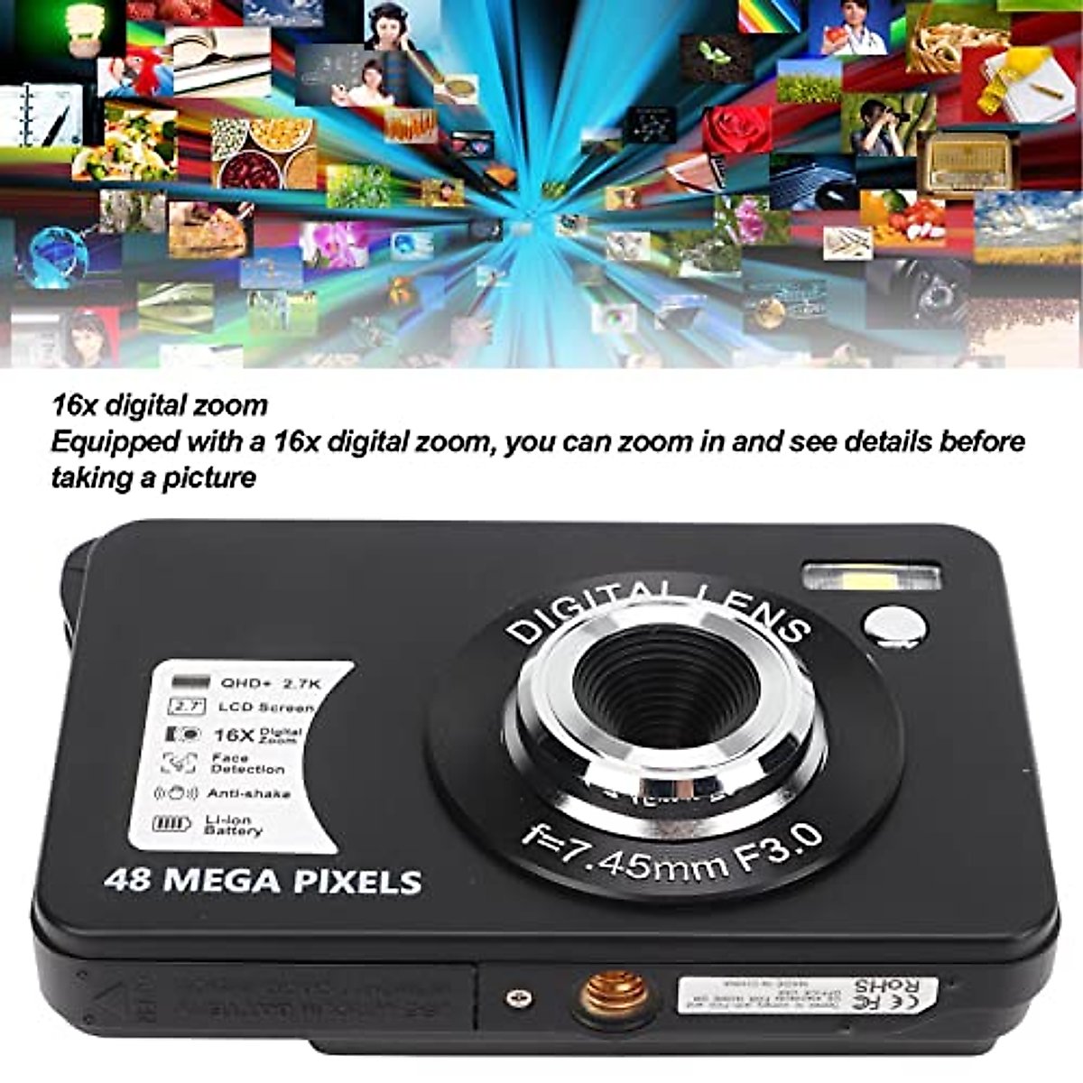 Digital Camera, 2.7K 48MP Display 16x Zoom USB Charging Digital Camera, Anti Shaking HD Camera with Fill Light, Face Recognition