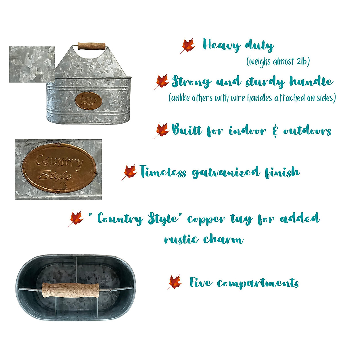 KOTINARA Galvanized Flatware Caddy - Strong Wooden Handle, Rust-Resistant, Indoor & Outdoor Use - A Farmhouse, Rustic, Country Style Organizer for Utensils, Flatware, Tools and more