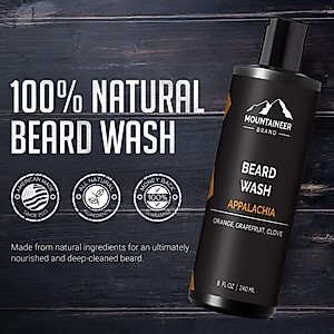 Mountaineer Brand Beard Wash For Men | 100% Natural Beard Shampoo | Thick Cleaning Softening Lather | Grooming Treatment with Orange, Grapefruit, Clove Essential Oils | Appalachia Scent 8oz