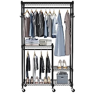 uyoyous 3 Tier Rolling Clothing Rack 73 X 40 Inch Wire Heavy Duty Clothes Rack with Locked Wheels and Side Hooks Rolling Garment Rack Closet Organizer for Bedroom