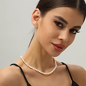 Round White Freshwater Pearl Necklace for Women Men Dainty Gold Pearl Choker Necklace with Charms Cultured Simple Pearl Drop Necklace Brides Jewelry-Gold Charm