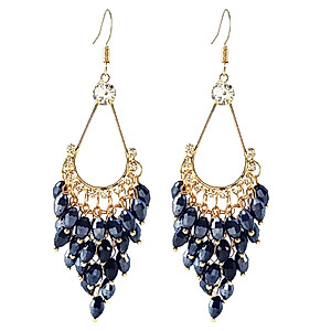 LAXPICOL Fashion Bohemian Long Earrings Blue Crystals Chandelier Fish Hook Earrings For Women Golden Tone