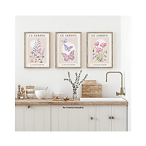 Le Jardin Posters for Room Aesthetic - Unframed Set of 3 (12x16 inch) Danish Pastel Room Decor, Butterfly Wall Art, Boho Wall Decor, Room Decor Aesthetic, Flower Market Posters, Purple Butterfly Pink Poppy Artsy Poster Prints for Living Room Bedroom by za