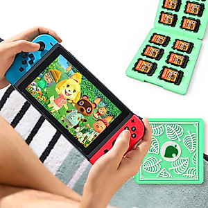 UFOPETIE 12 in 1 Game Card Case for Nintendo Switch Game Card ,Compatible with Nintendo Switch Case Animal Crossing Theme,Game Case for Animal Crossing Cards-Small Green Leaves-Thumb Grip 2PCS