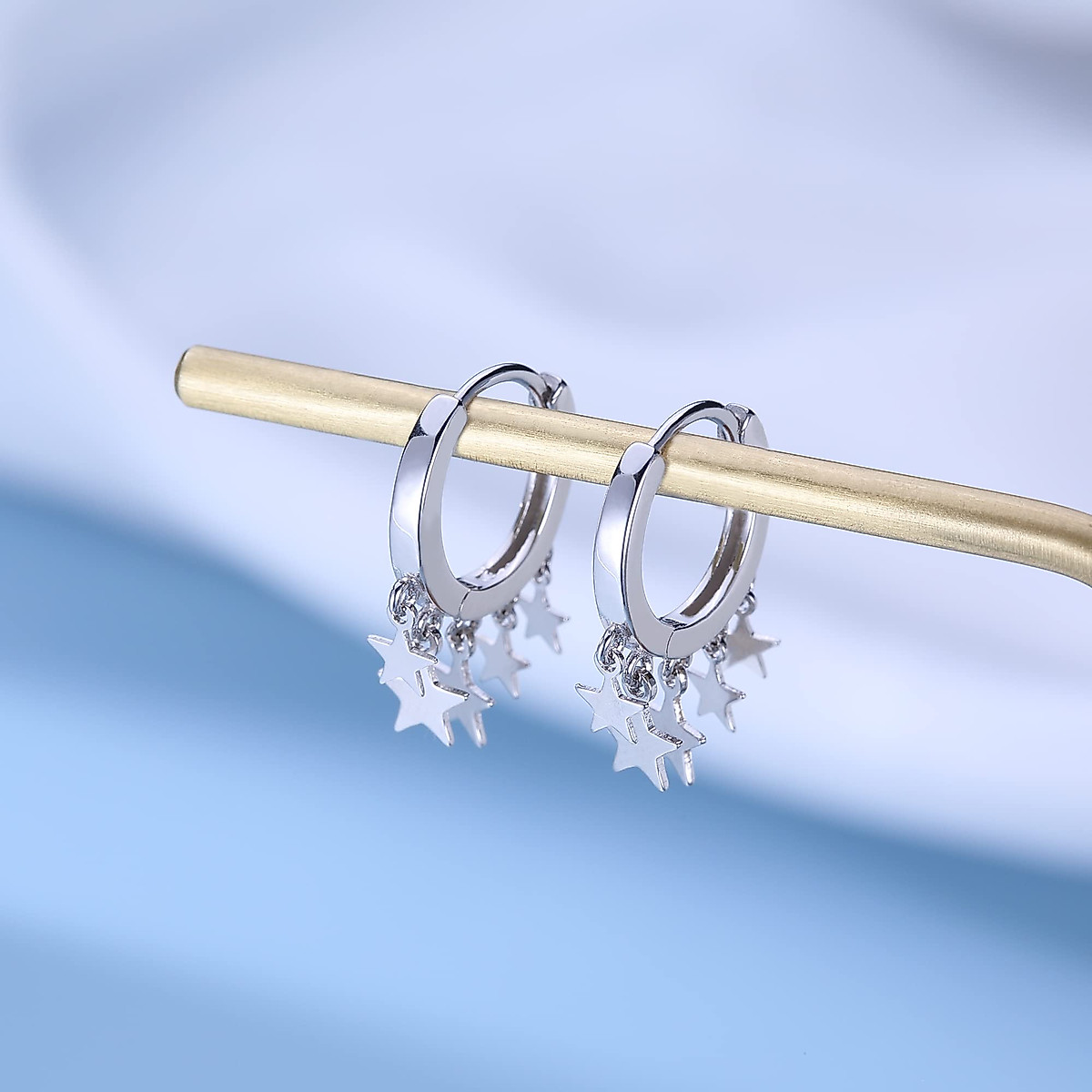 SLUYNZ 925 Sterling Silver Star Hoop Earrings for Women Shiny Star Earrings Hoop (A-Silver)