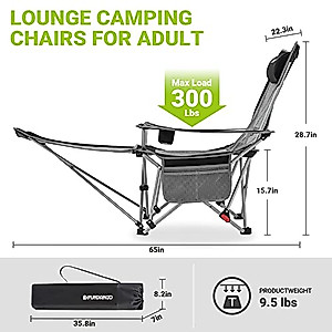 FUNDANGO Reclining Camping Chair 3-Position Adjustable Folding Lounge Chairs with Footrest for Adult Support Up to 300lbs, Suit for Lawn,Office,Backyard,Camping,Concert,Garden(Black/MediumGrey)