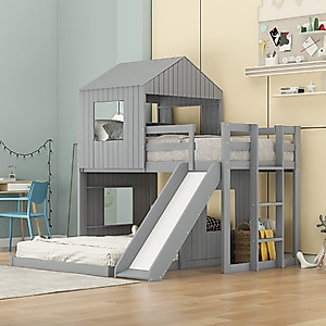 Harper & Bright Designs Twin Over Full Bunk Beds with House Shape, House Bunk Bed with Roof, Window & Slide, Twin Over Full Farmhouse Bed Frame for Kids Girls Boys Teens (Grey)