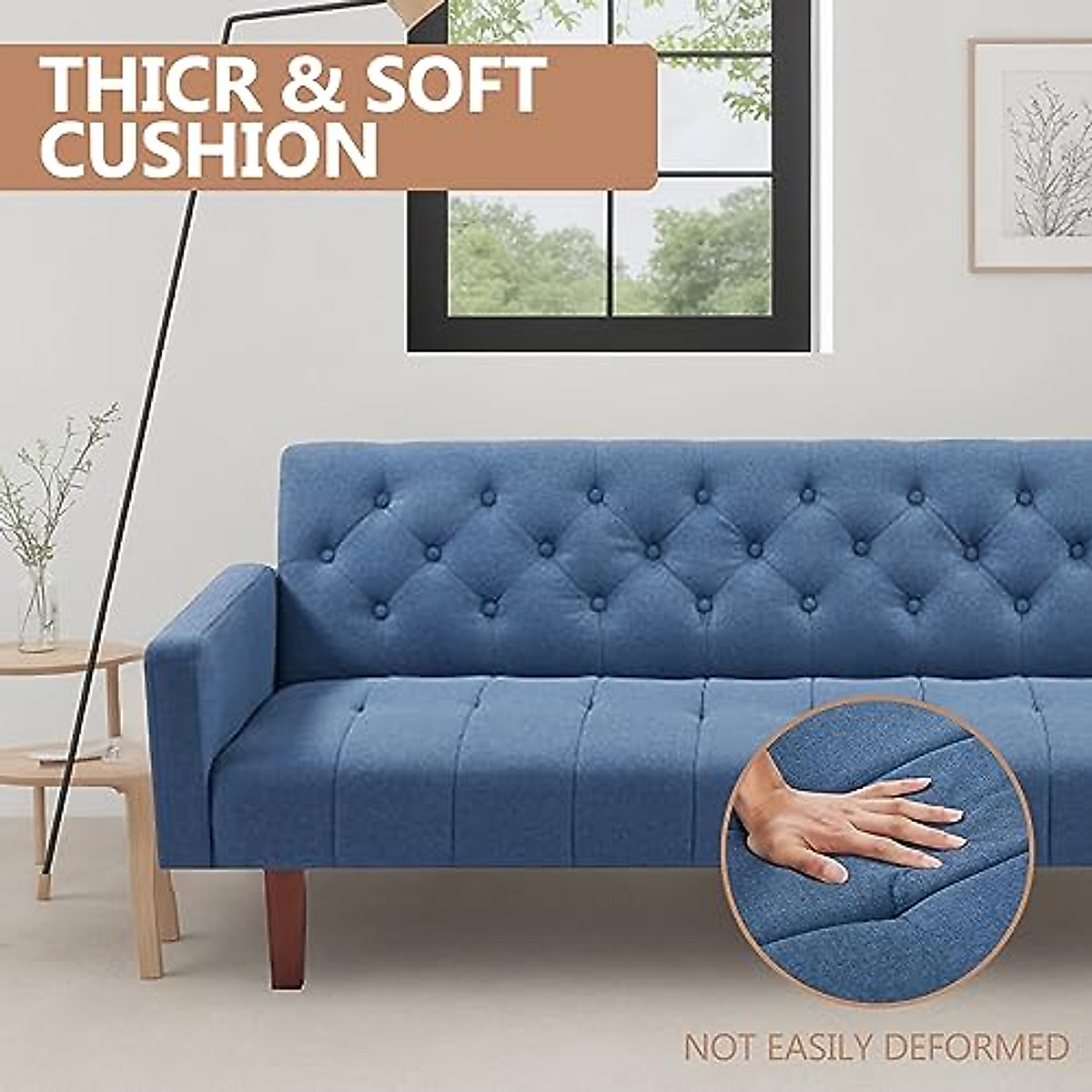 Fangflower Blue Tufted Back Sofa Bed Mid-Century Convertible Sleeper Futon with Tapered Wood Legs for Living Room Apartment Lounge