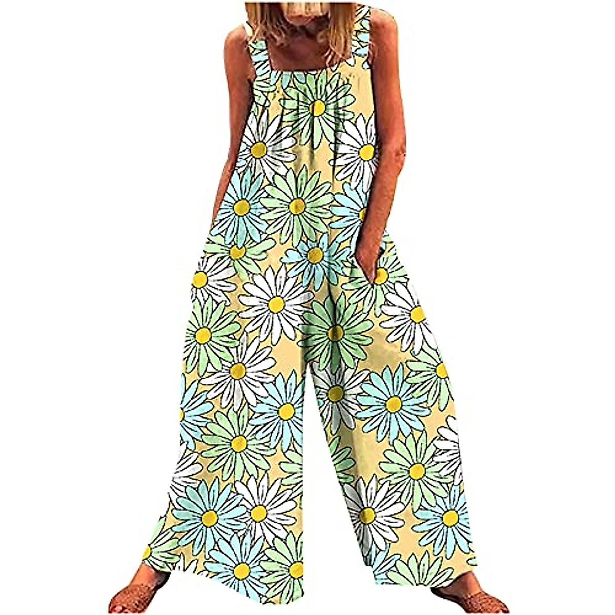 Bravetoshop Women Baggy Jumpsuit Boho Floral Printed Loose Overalls Wide Leg Pants Long Rompers with Pockets (Green,M)