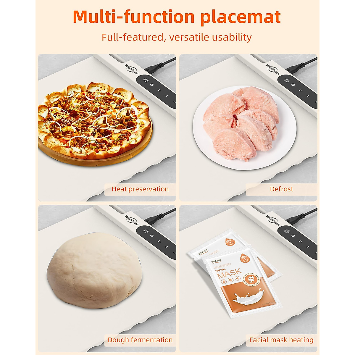 WELLPEAK Electric Warming Mat for Food, Multi-Functional Silicone Roll-up Warmer Fast Heating Tray with 3-Level Temperature Settings, Auto-Off Protection, Safe for Countertops & Tables, White