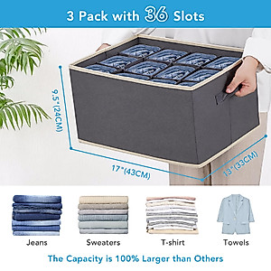 Baesyhom 3 Pcs 12 Cell Large Size Pants Organizers for Clothes, Jeans, Sweater, T-shirt, Dress Stackable for Wardrobe Closet Drawer Organizer Storage Bin Container, Dark Grey
